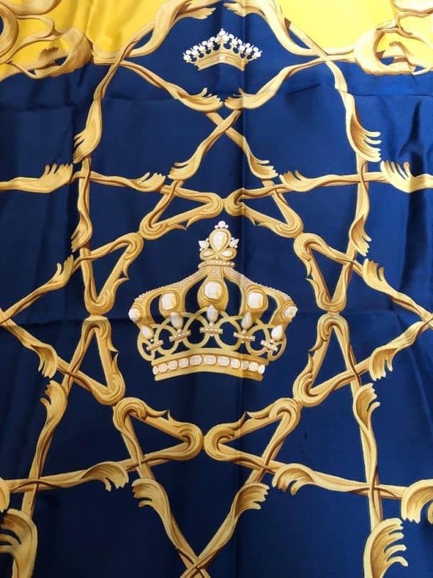 HERMÈS Rare Crowns Couronnes Silk Scarf in Gold and Royal Blue Circa ...