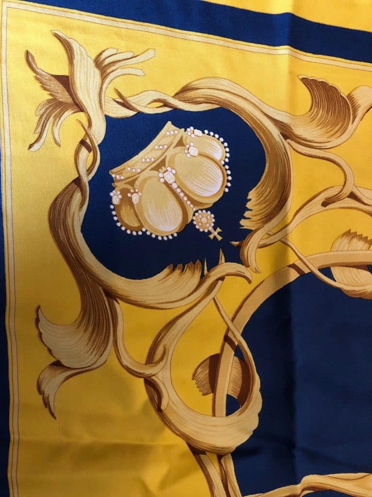 HERMÈS Rare Crowns Couronnes Silk Scarf in Gold and Royal Blue Circa ...