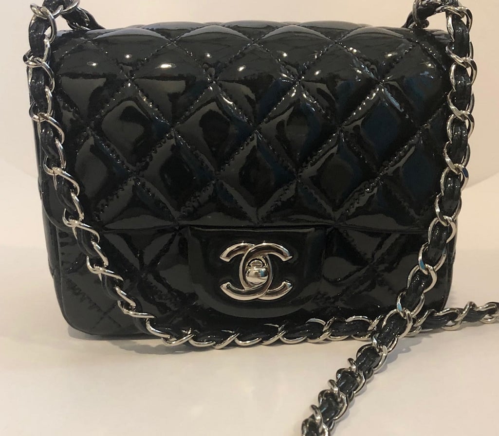 CHANEL Mini Classic Flap Charcoal Patent Quilted Bag - Chelsea Vintage ...