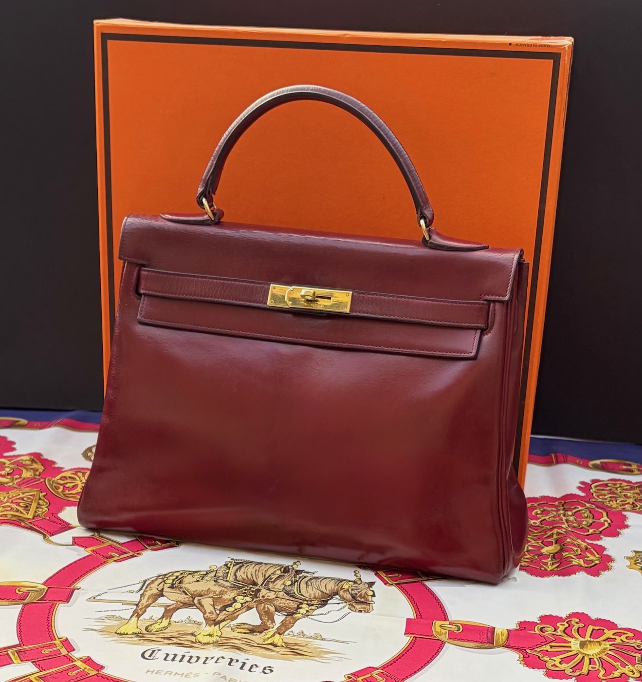 HERMÈS 1955 Iconic Kelly 32 Burgundy Red Box Leather Retourné Vintage ...